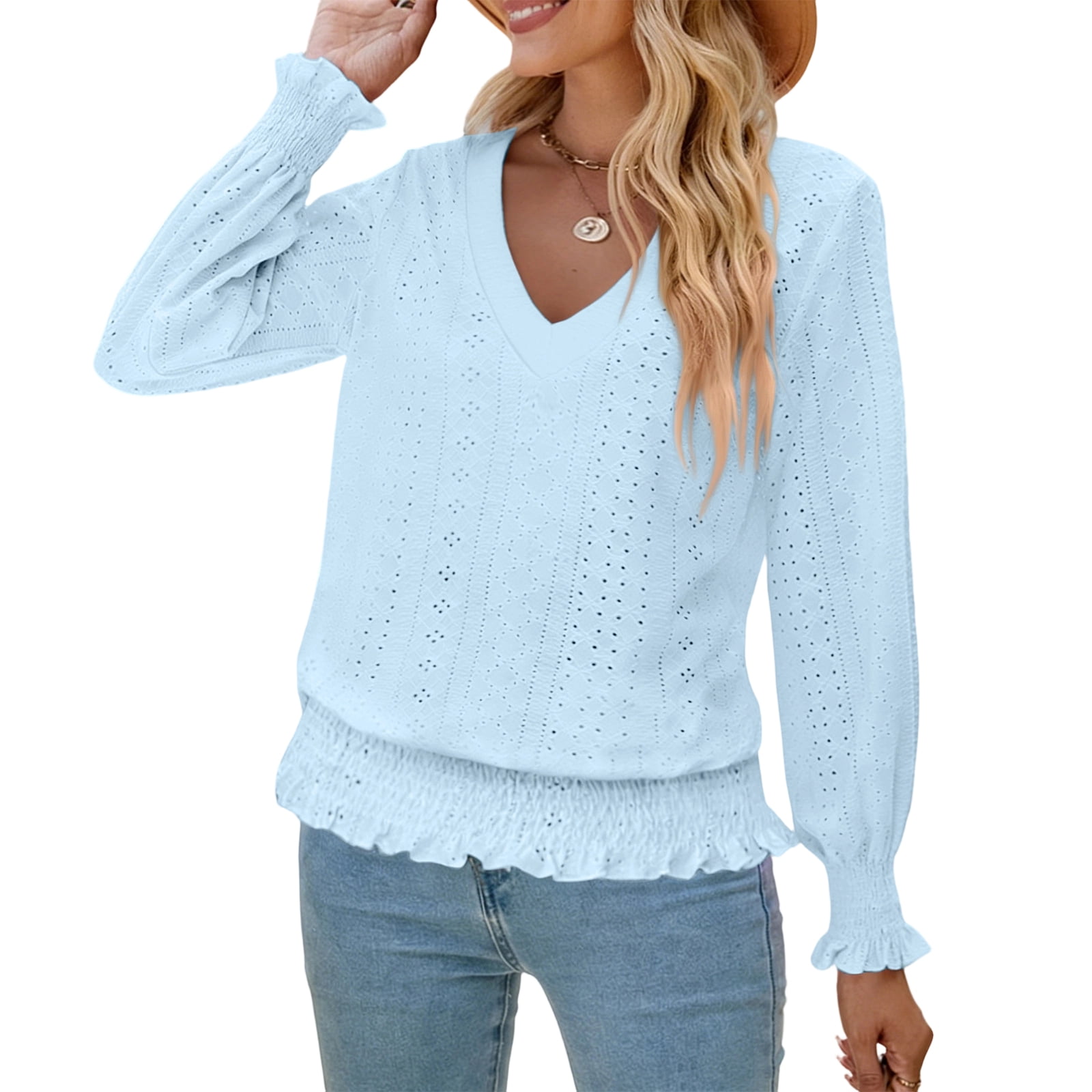 CIENVNSTG Long Sleeve V Neck Tunic for Women Eyelet Detail Smocked ...