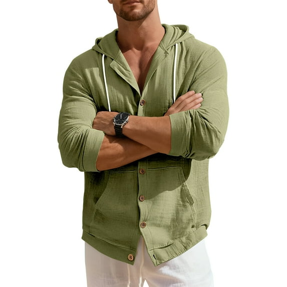 CIENVNSTG Loose Men's Linen Long Sleeve Hooded Beach Shirt Casual ...