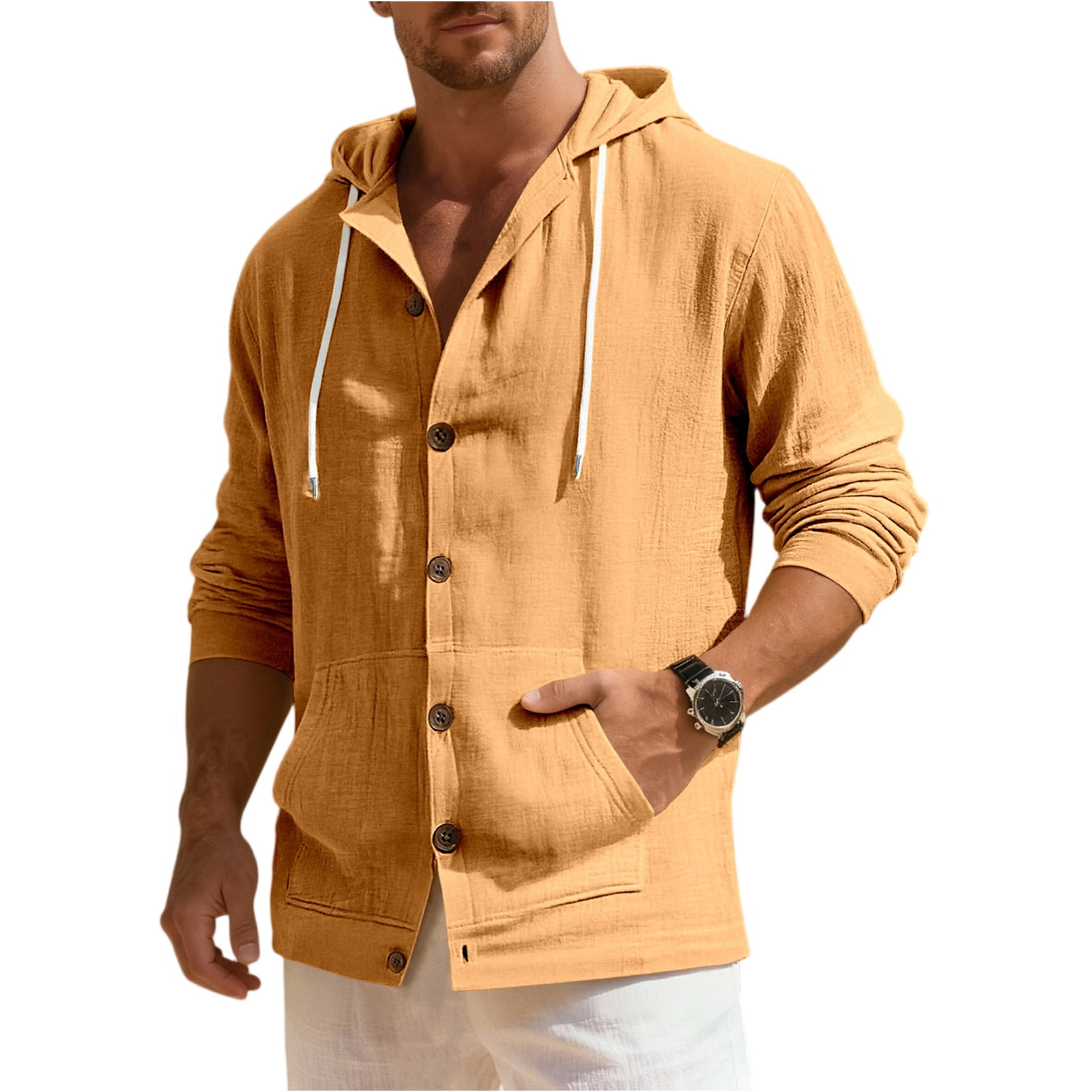 CIENVNSTG Loose Men's Linen Long Sleeve Hooded Beach Shirt Casual ...