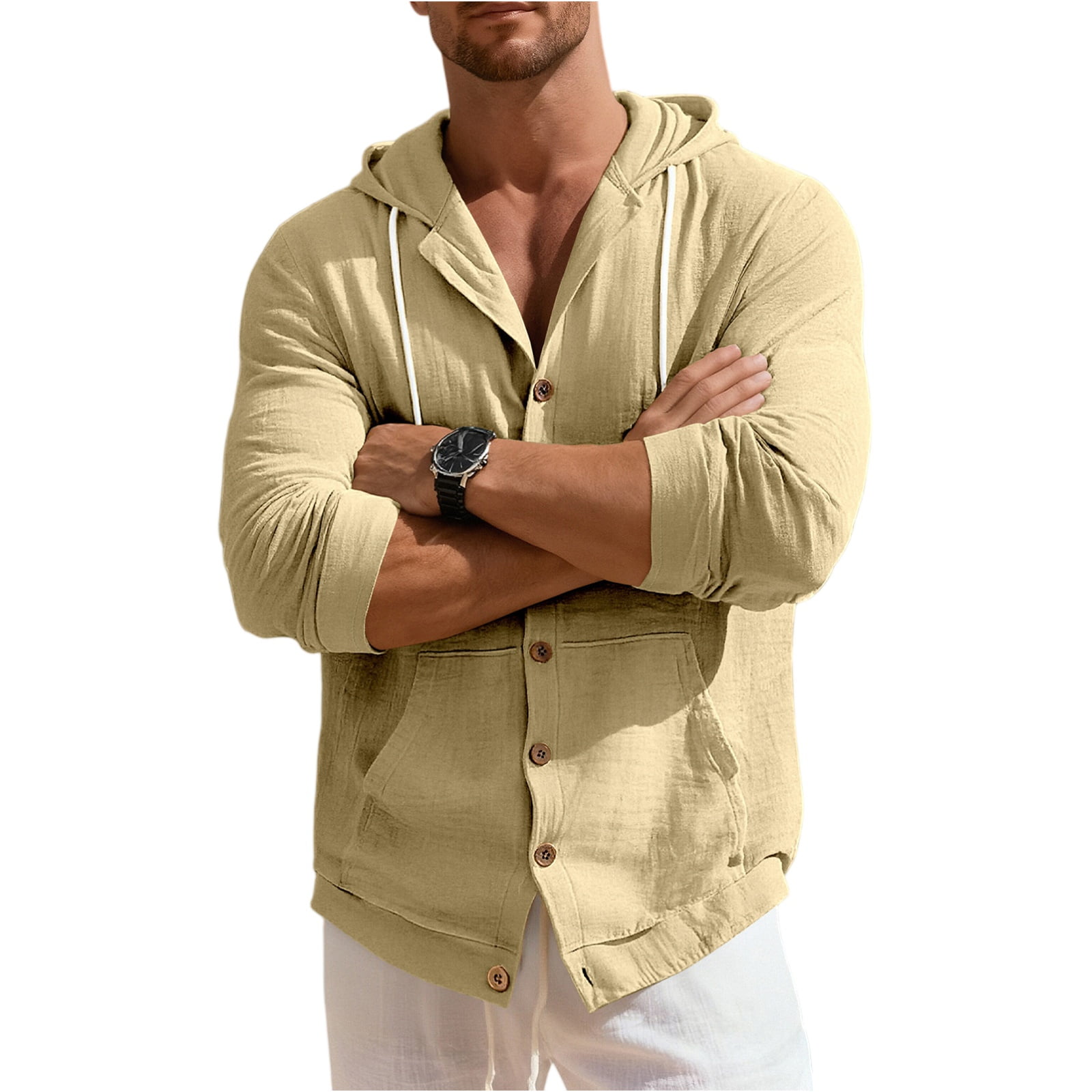 CIENVNSTG Loose Men's Linen Long Sleeve Hooded Beach Shirt Casual ...