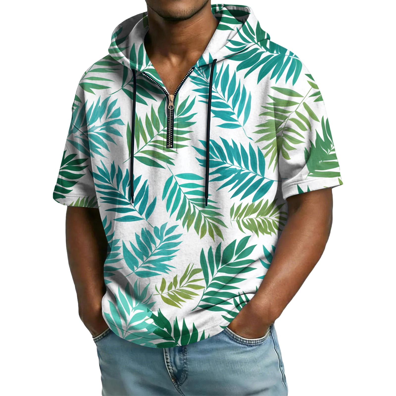 CIENVNSTG Men Hooded Zipper Neck Sweatshirt Casual Beach Short Sleeve ...