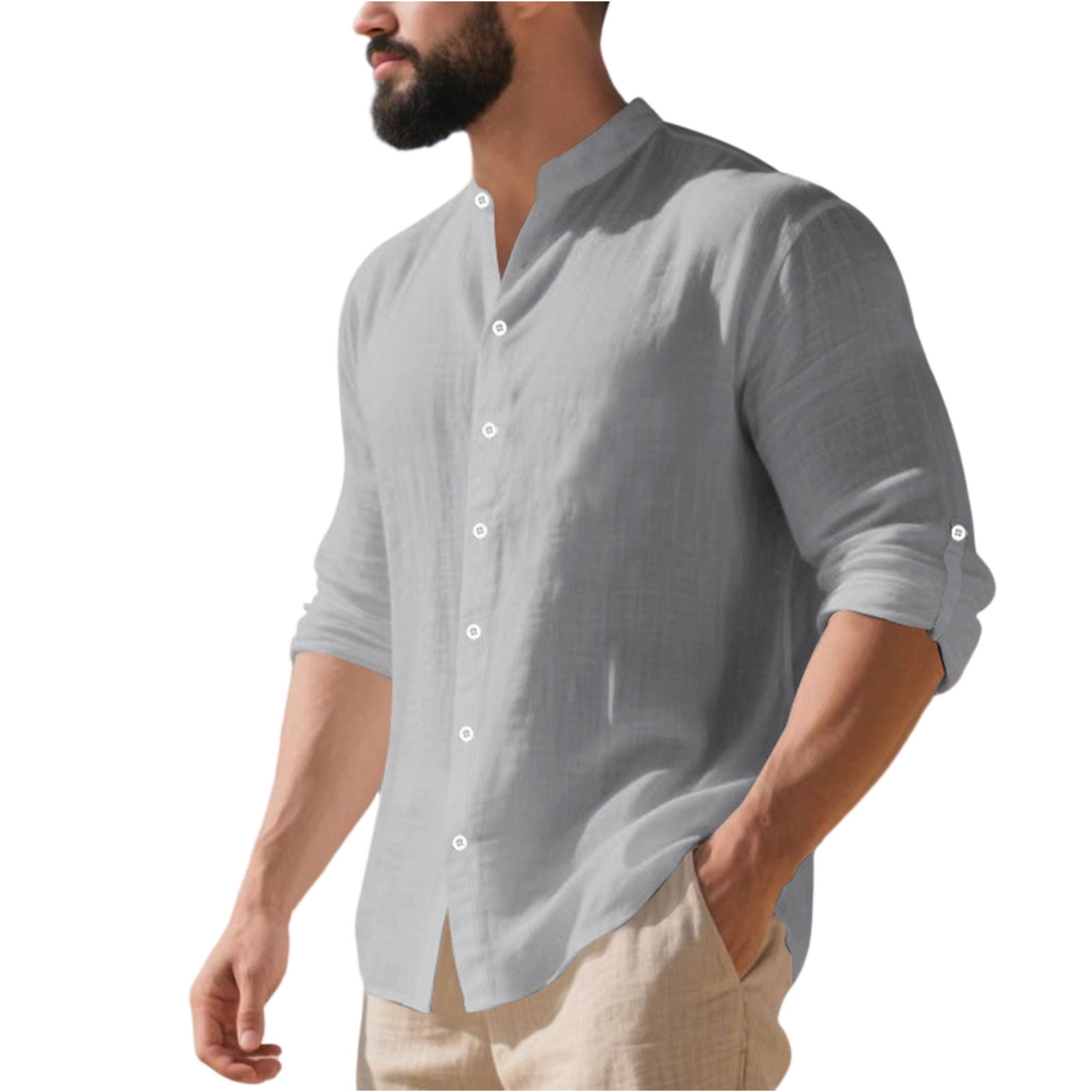 CIENVNSTG Men's Casual Shirts Cotton Linen Long-Sleeved Shirts Solid ...