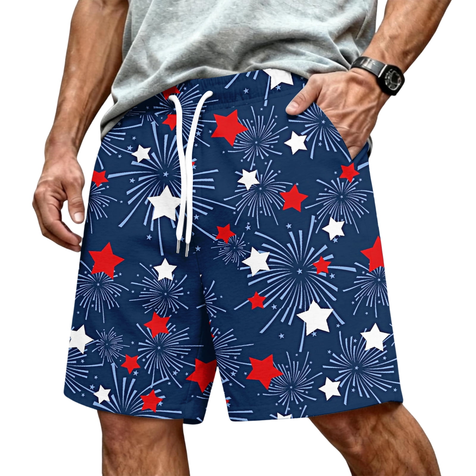 CIENVNSTG Men's Patriotic Star Firework Print Shorts Drawstring Elastic ...