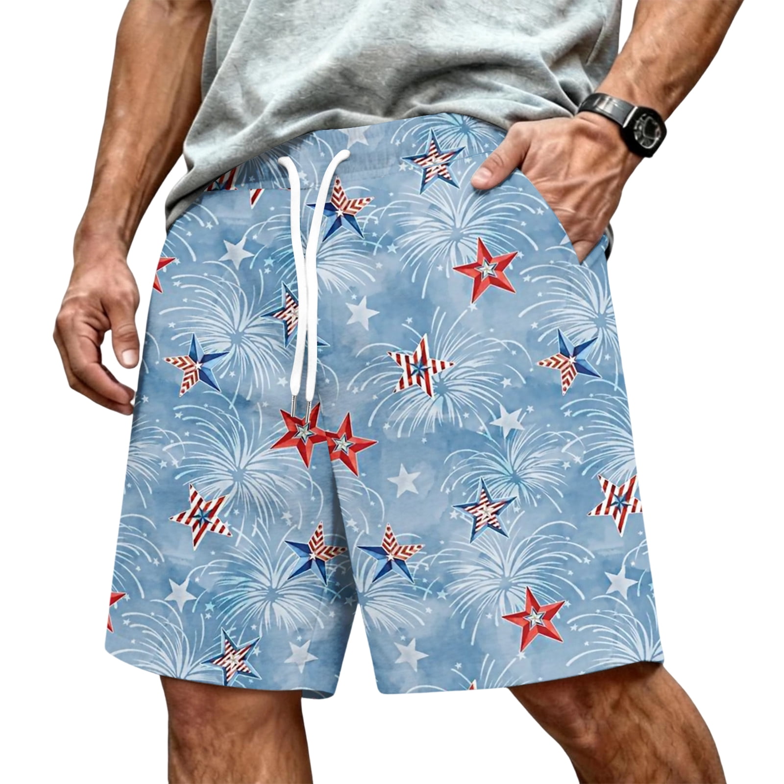 CIENVNSTG Men's Patriotic Star Firework Print Shorts Drawstring Elastic ...