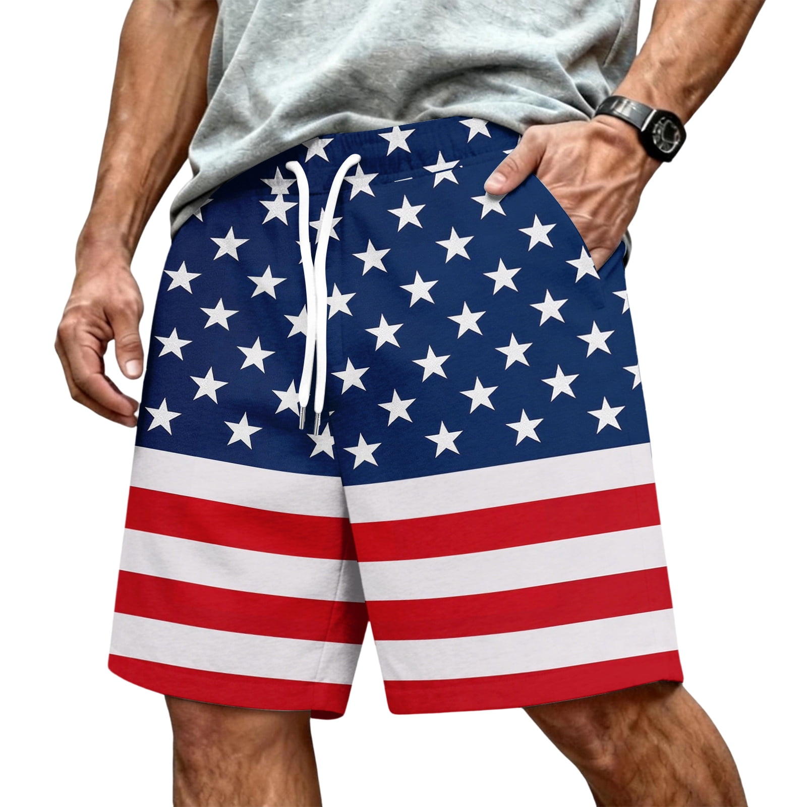 CIENVNSTG Men's Patriotic Star Firework Print Shorts Drawstring Elastic ...