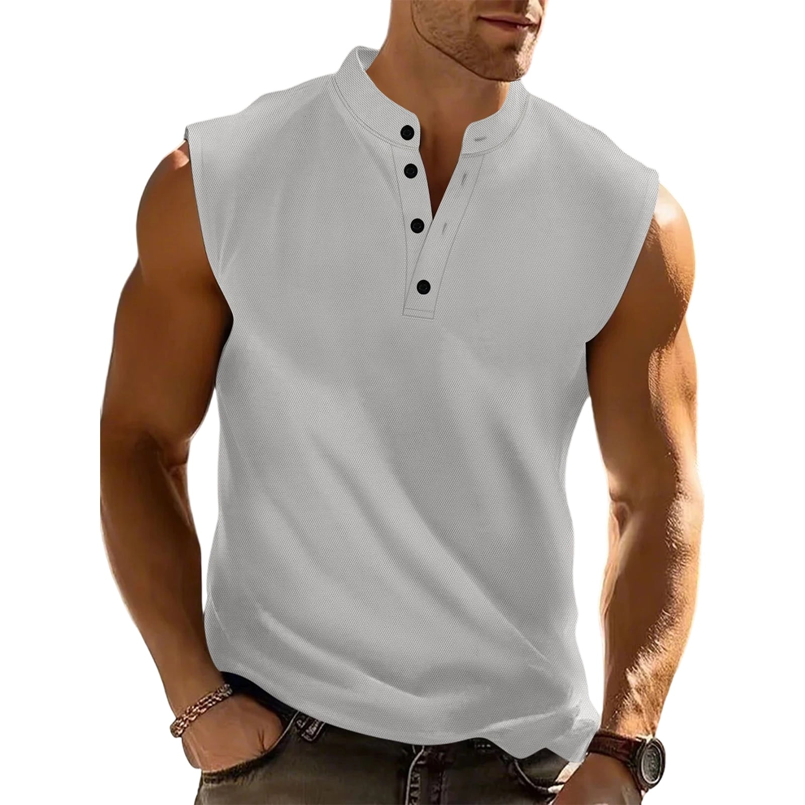 CIENVNSTG Men's Shirts Wide Shoulder Vest Henry Collar Sleeveless ...