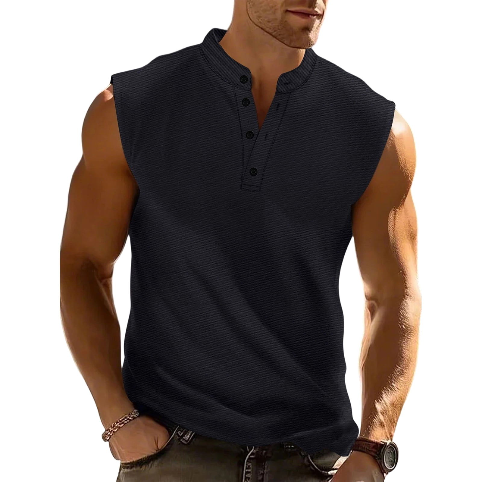 CIENVNSTG Men's T Shirts Wide Shoulder Vest Henry Collar Sleeveless ...