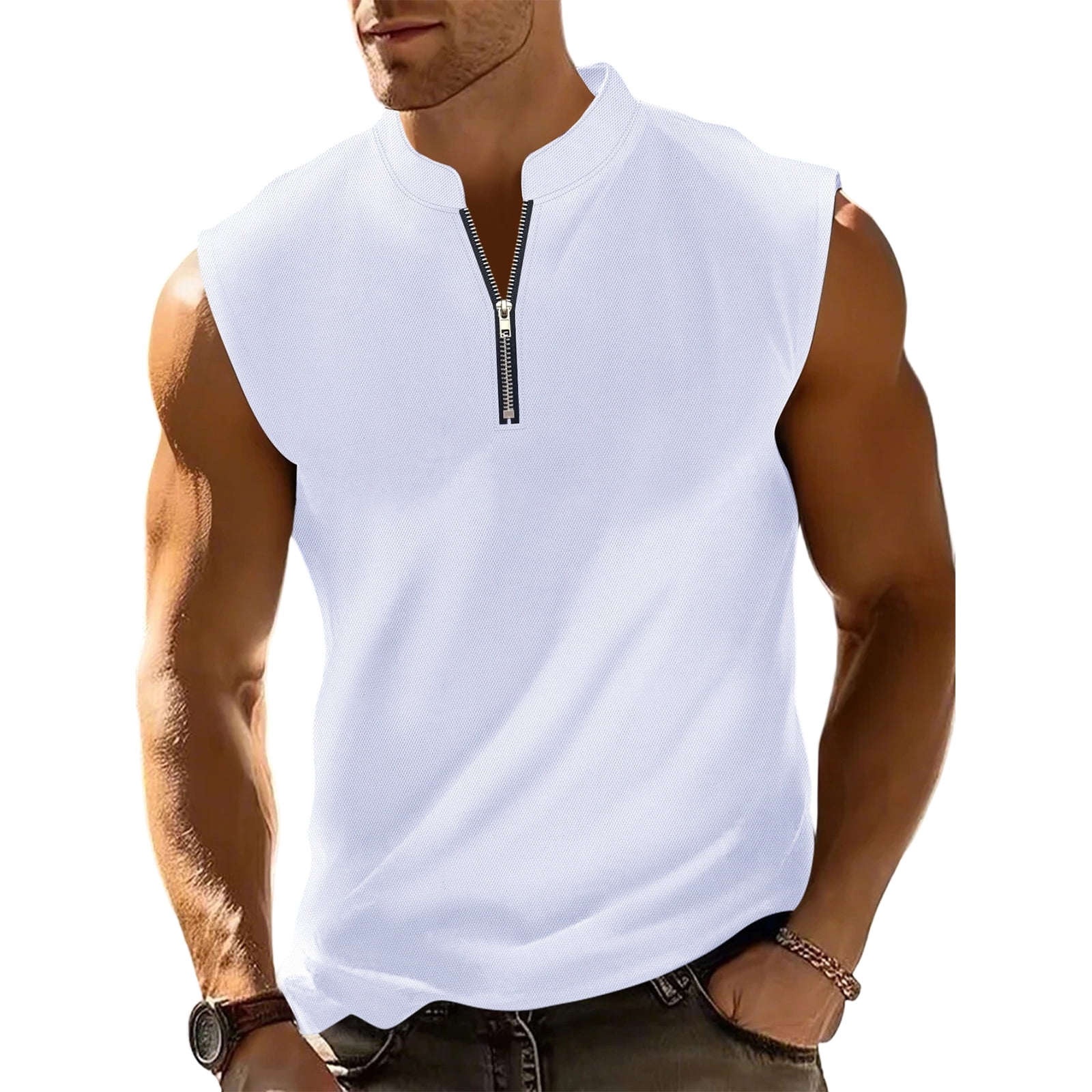 CIENVNSTG Men's T-Shirts Zipper Vest Sleeveless Vest Grunge Tops White ...