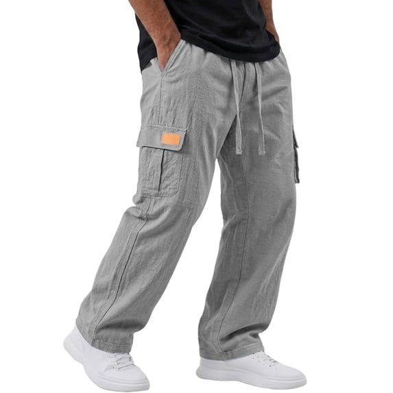 CIENVNSTG Mens Loose Wide Leg Basic Summer Cargo Trousers Cotton Linen ...