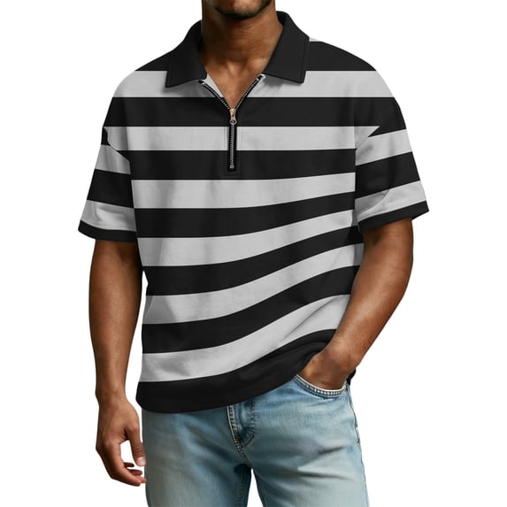 CIENVNSTG Mens Short Sleeve T Shirts Striped Print Collared Zipper Neck ...