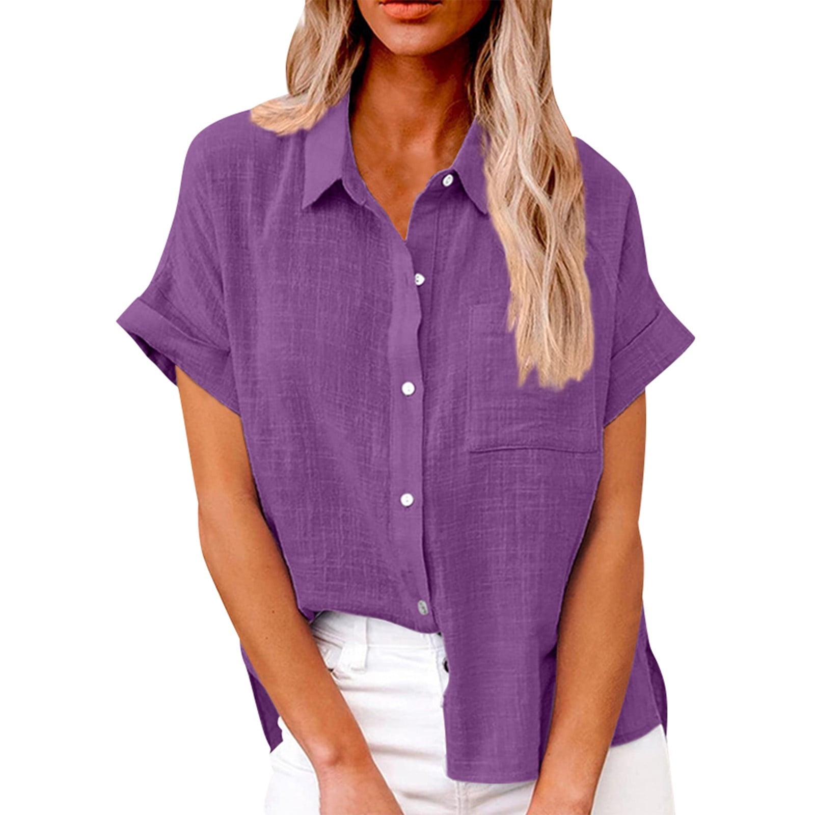 CIENVNSTG Open Front Button Down Shirts for Women Cotton Linen Short ...