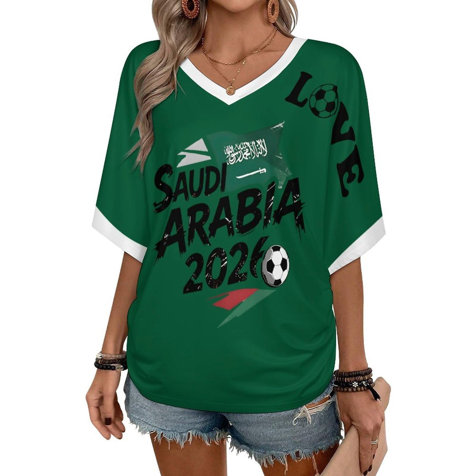 CIENVNSTG Portugal Flag Inspired Color Block V Neck Batwing Short ...