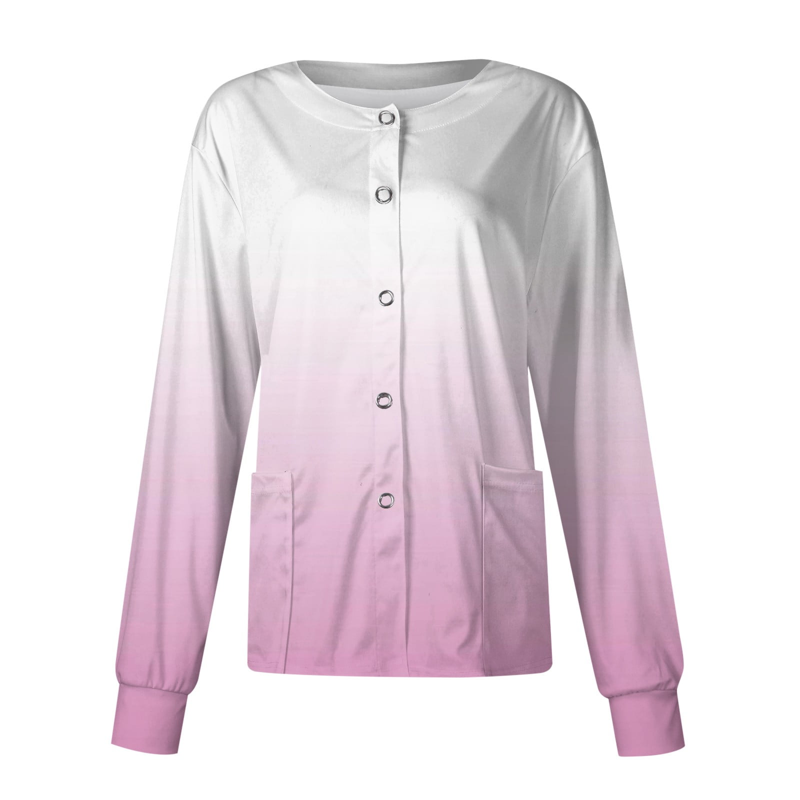 CIENVNSTG Scrub Jacket for Women Button Front Round Neck Long Sleeve ...