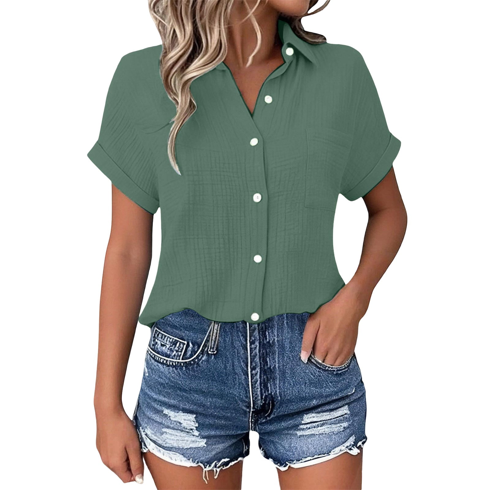 CIENVNSTG Solid Color Collared Short Sleeve Blouse for Women Gauze ...