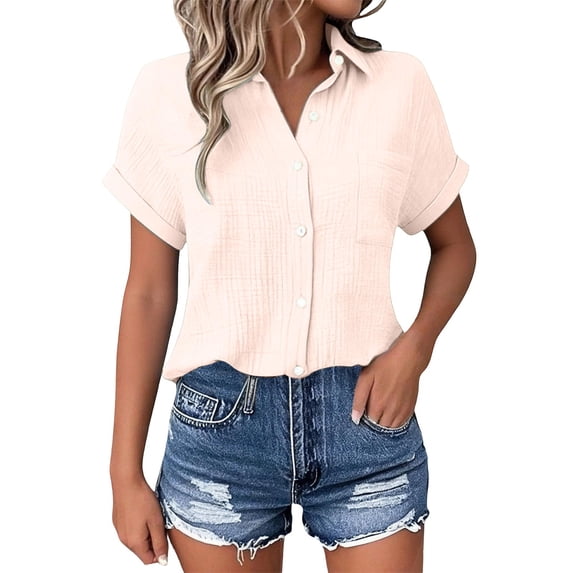 CIENVNSTG Solid Color Collared Short Sleeve Blouse for Women Gauze ...