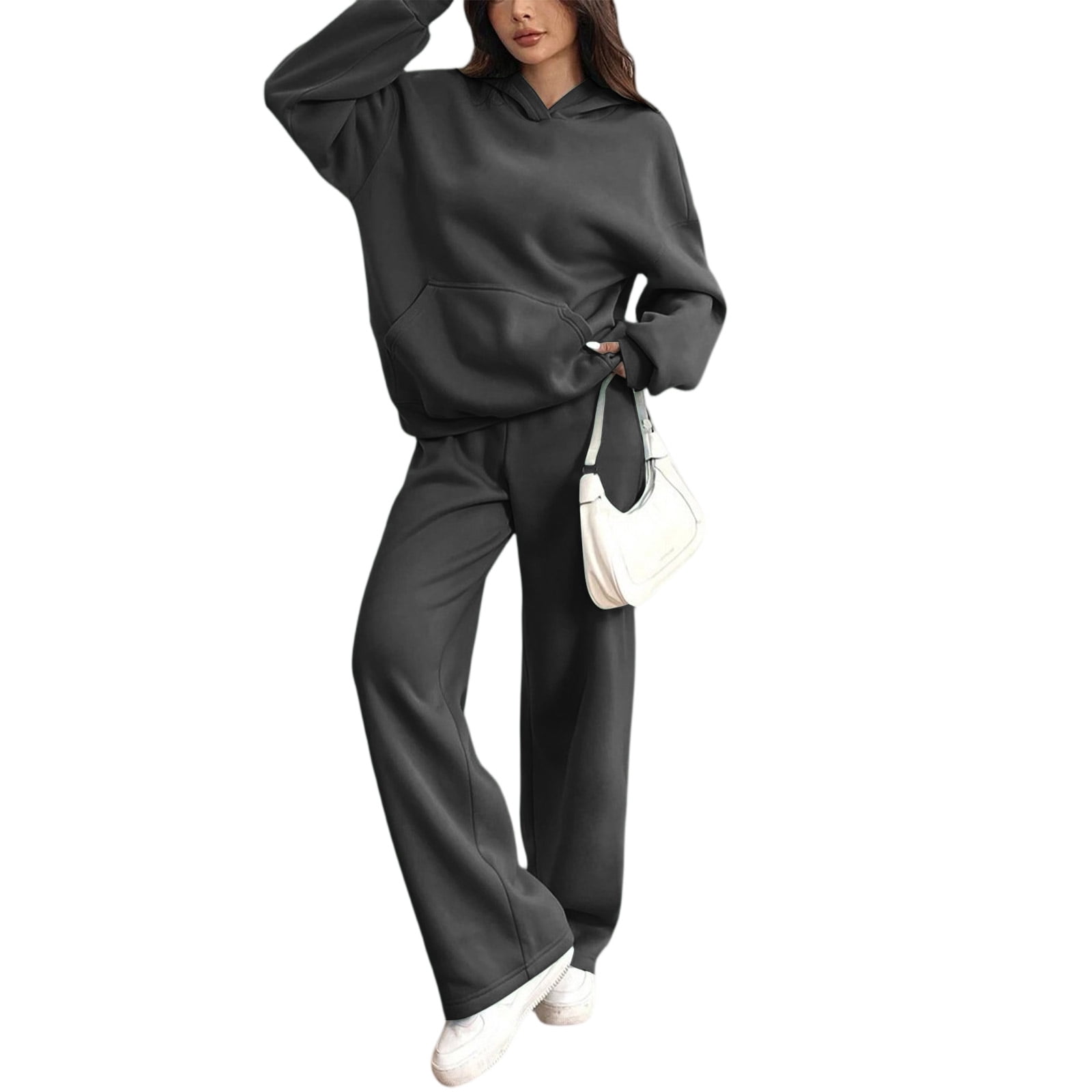 CIENVNSTG Solid Color Hooded 2 Piece Lounge Sets for Women Long Sleeve ...
