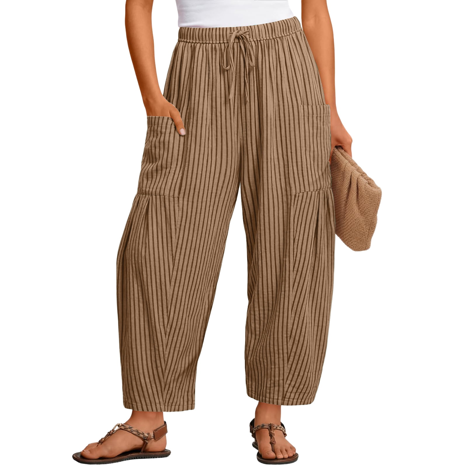 CIENVNSTG Striped Palazzo Harem Barrel Pants for Women High Waisted ...