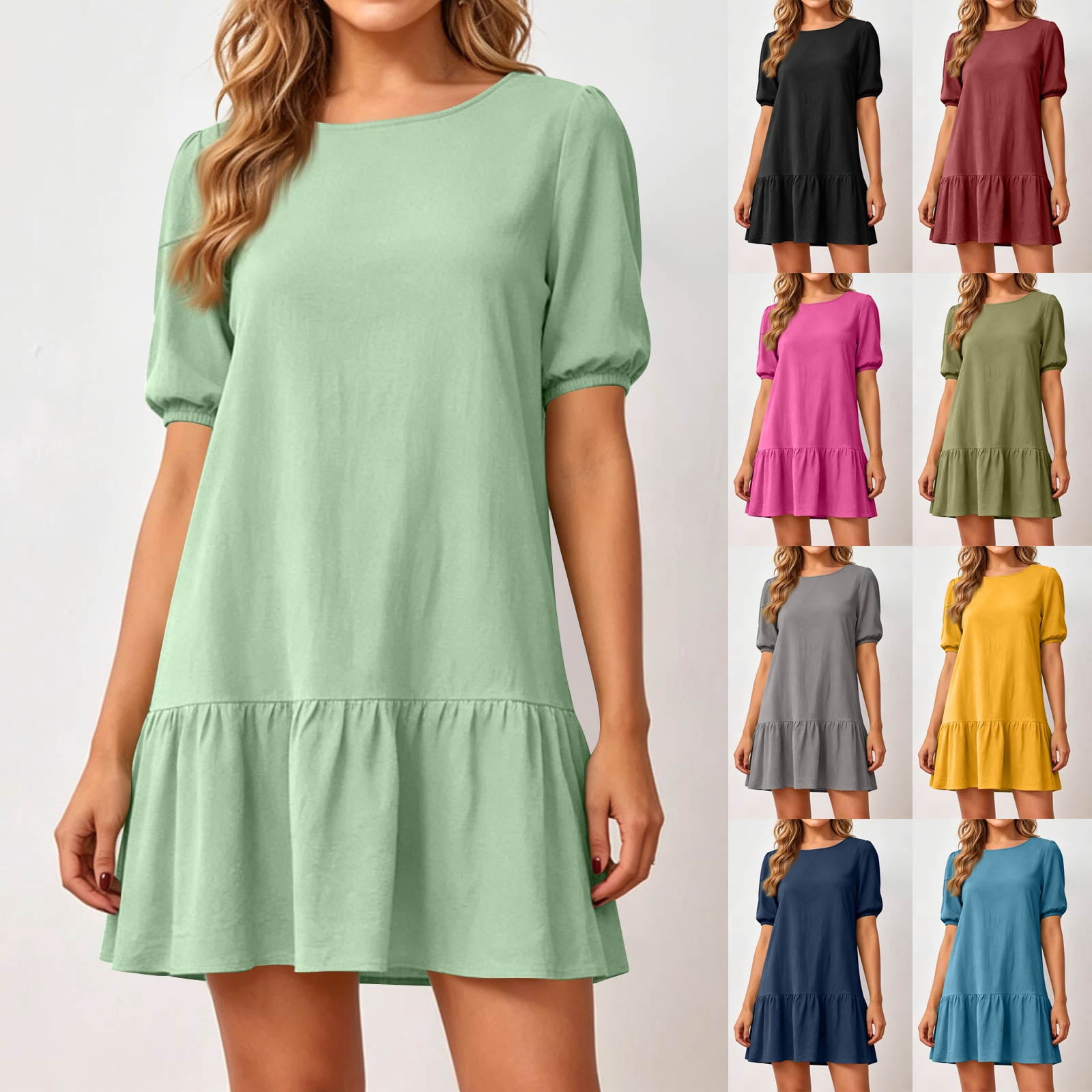 CIENVNSTG Summer Dresses for Women 2026 Round Neck Puffed Short Sleeves ...