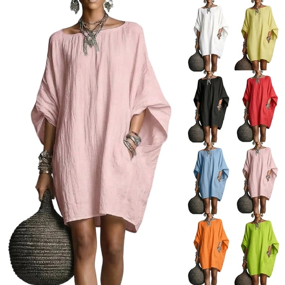 CIENVNSTG Summer Dresses for Women 2026 Vacation O Neck Solid Elegant ...