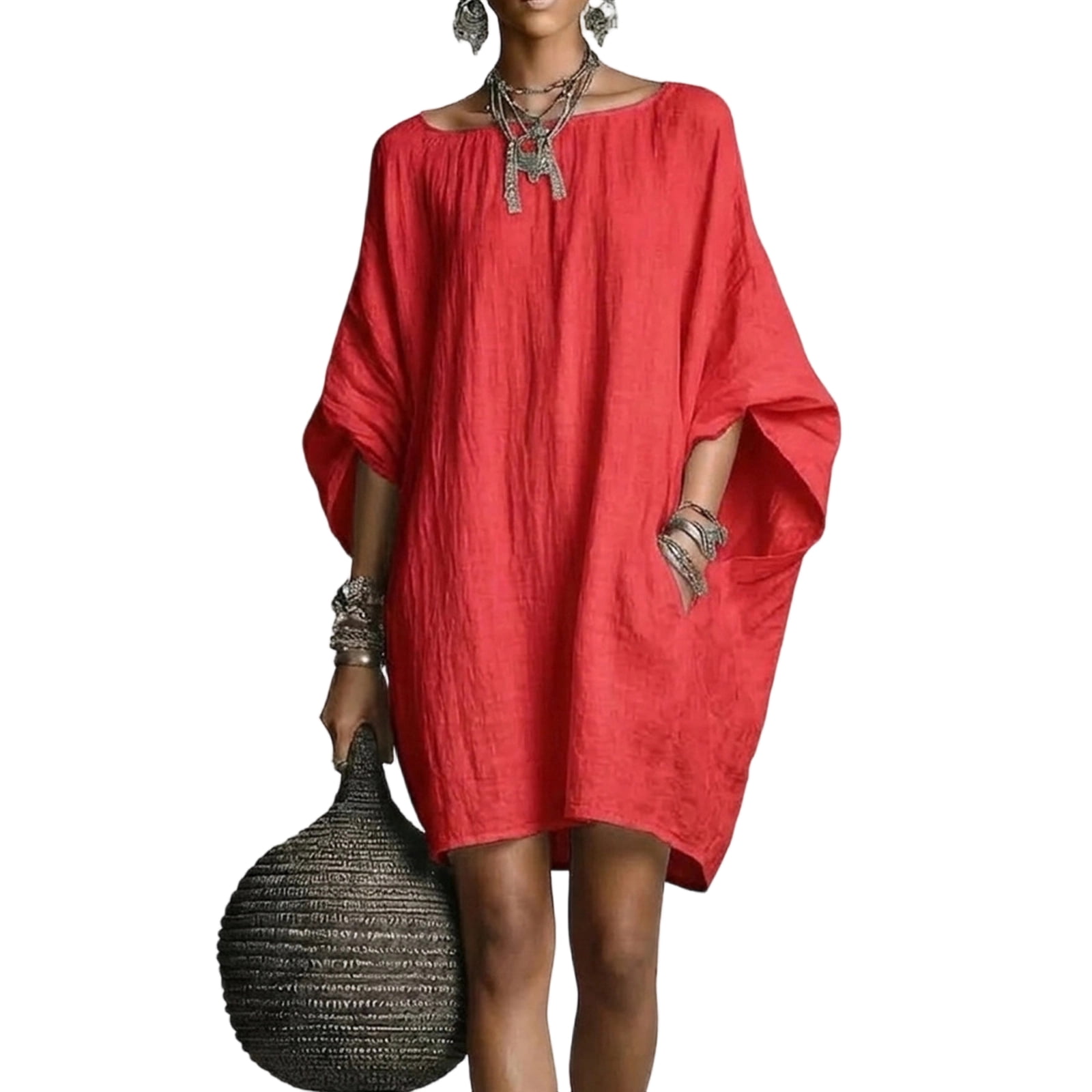 CIENVNSTG Summer Dresses for Women 2026 Vacation O Neck Solid Elegant ...