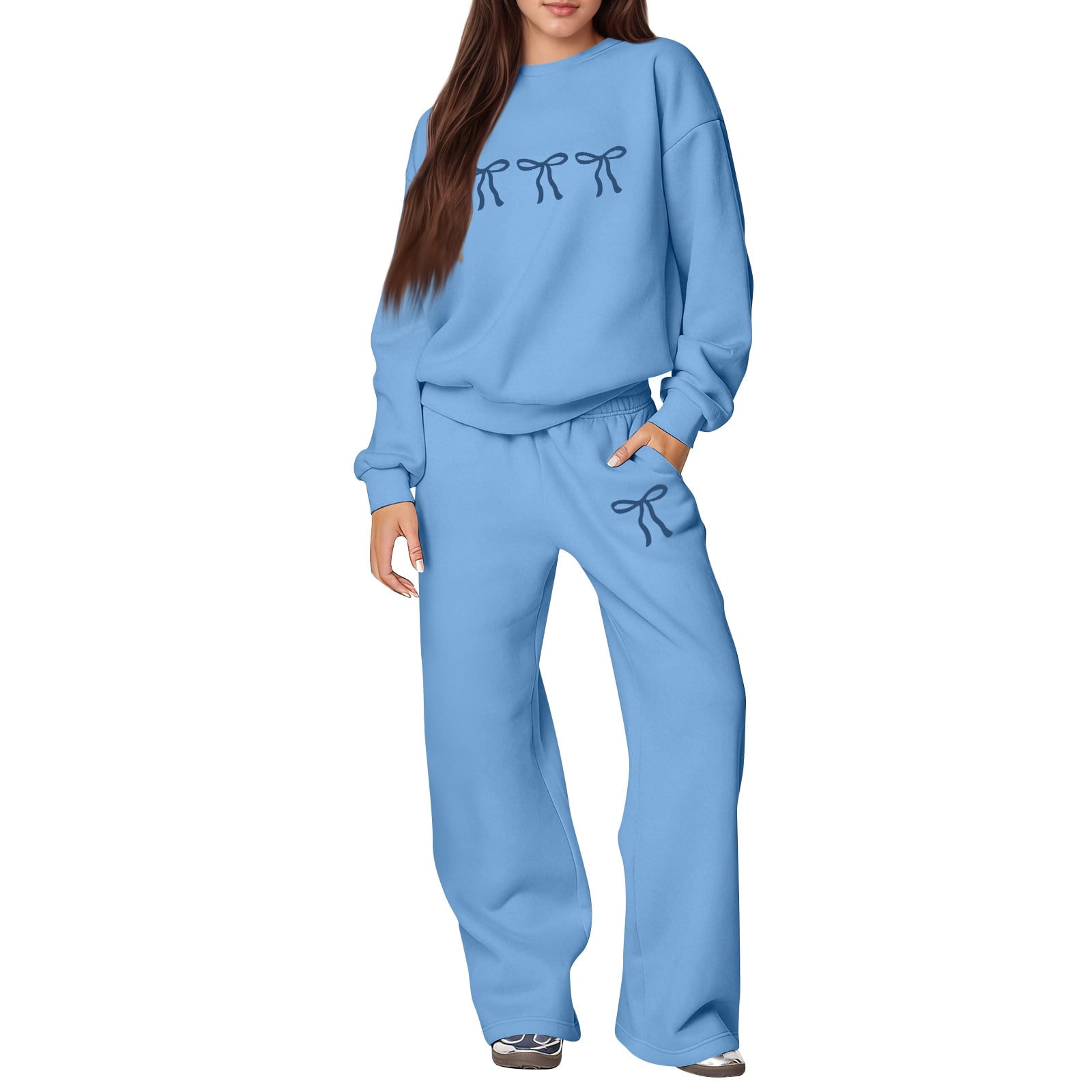 CIENVNSTG Sweat Set for Women Two Piece Bow Print Tracksuit Long Sleeve ...