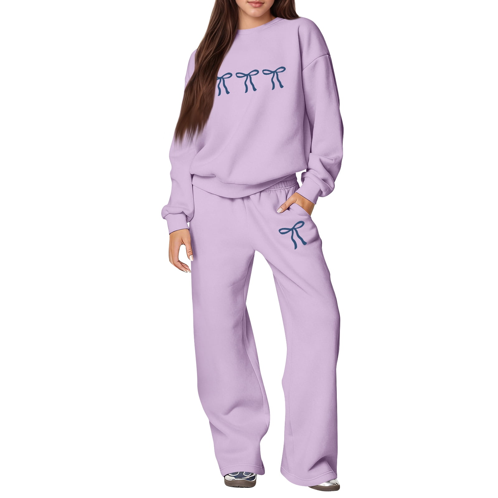 CIENVNSTG Sweat Set for Women Two Piece Bow Print Tracksuit Long Sleeve ...