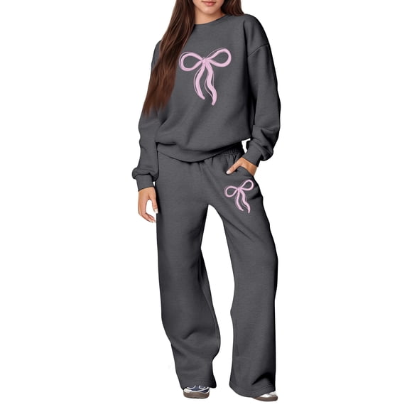 CIENVNSTG Two Piece Bow Graphic Print Round Neck Top and Sweatpants Set ...