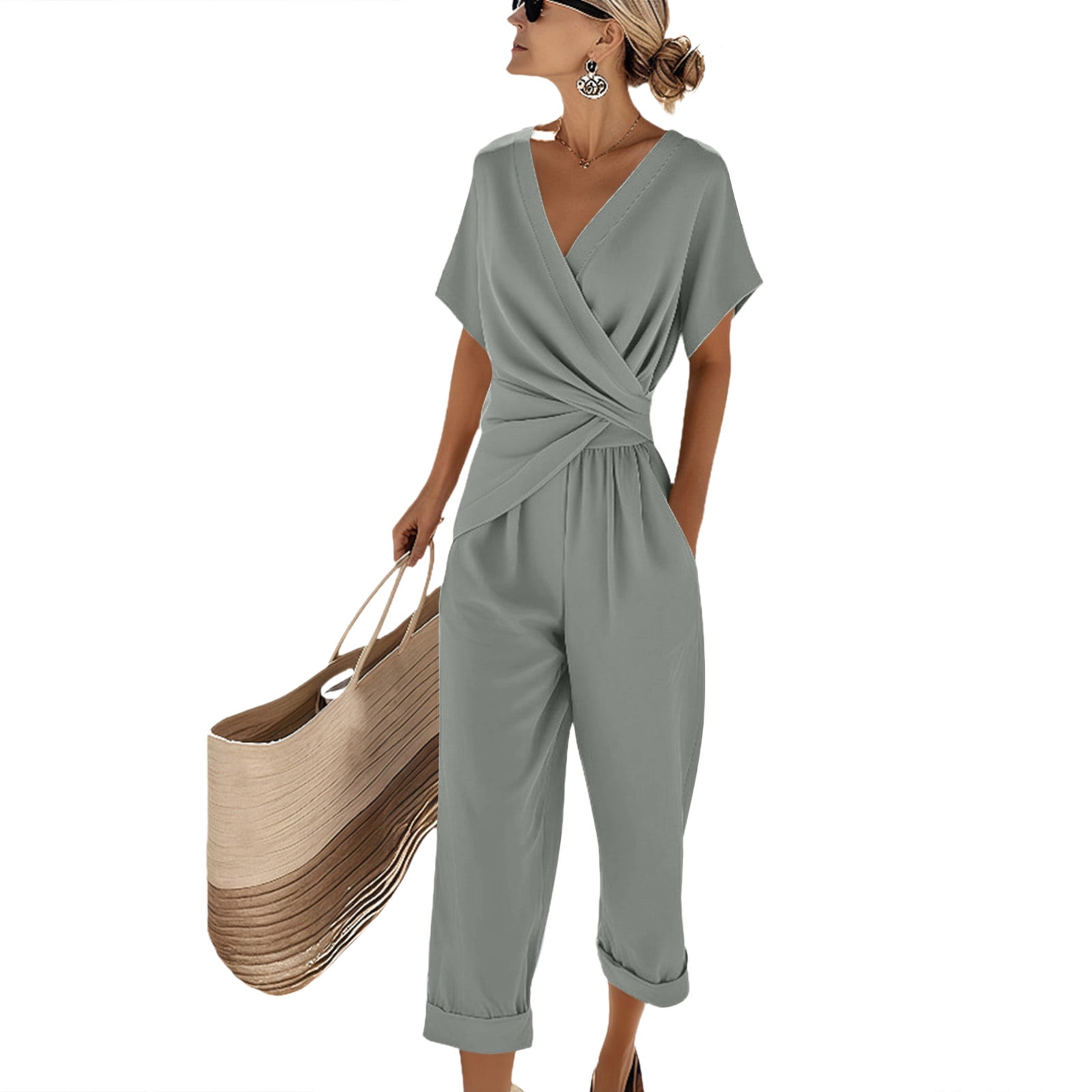 CIENVNSTG Two Piece Sets for Women Summer V Neck Wrap Front Knot Top ...