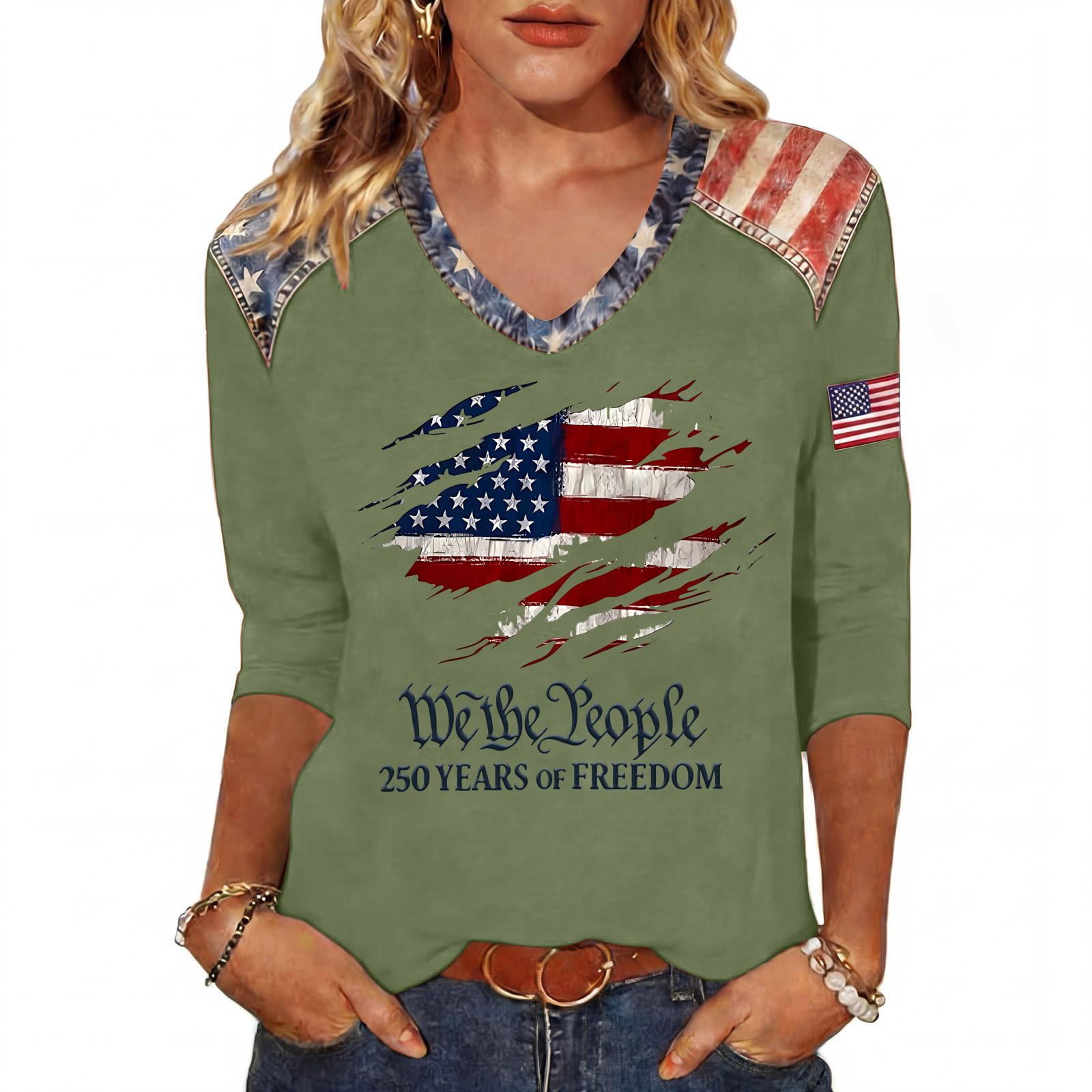 CIENVNSTG USA Flag Print Independence Day V Neck Three Quarter Sleeve ...