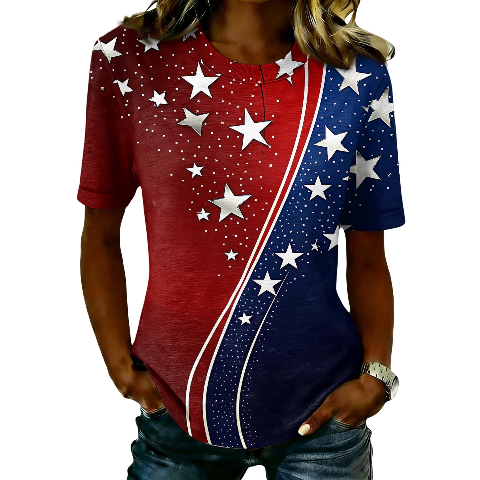 CIENVNSTG USA Flag Star Print Red White Blue Color Block Independence ...