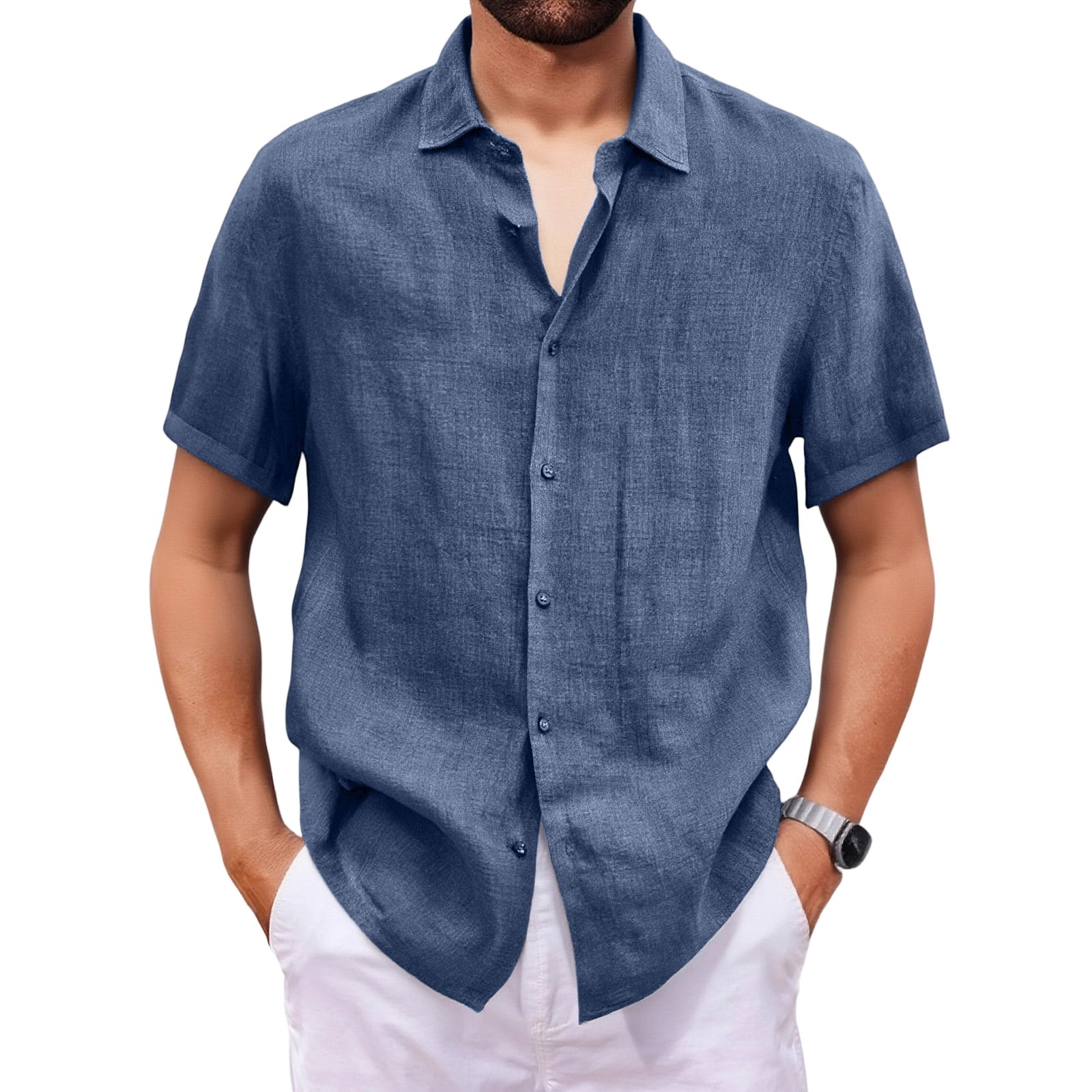 CIENVNSTG Uncle Shirts for Men Cotton Linen Short-Sleeved Shirts Solid ...