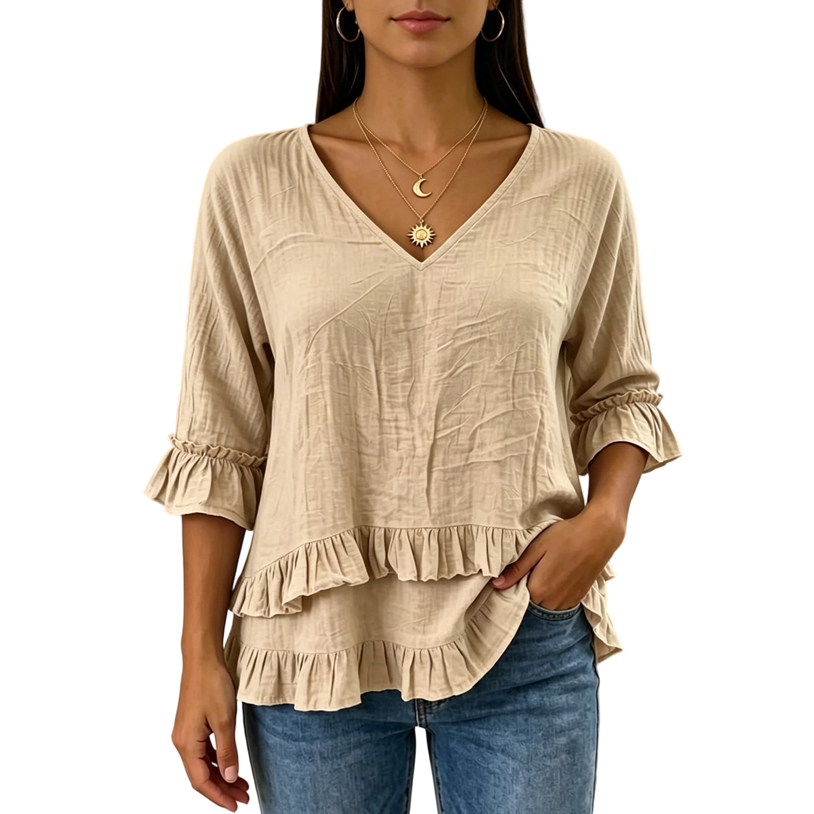 CIENVNSTG V‑Neck 3/4 Ruffle Sleeve Womens Textured Fabric Blouse Double ...