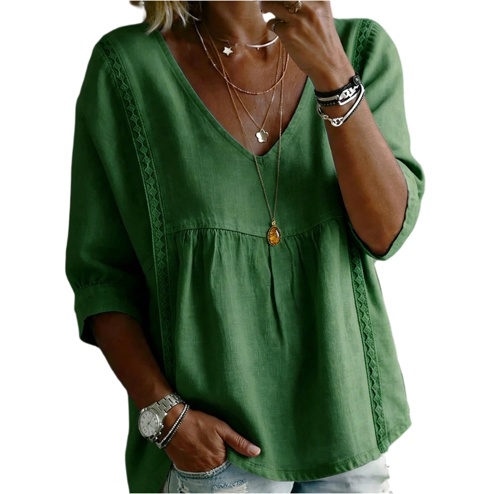 CIENVNSTG V Neck 3/4 Sleeve Cotton Linen Blouses for Women Lace ...