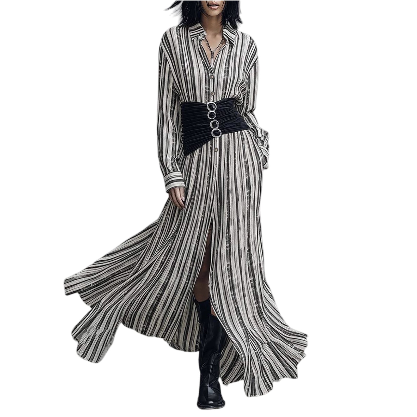 CIENVNSTG Winter Vintage Splicing Party Dress Elegant Striped Slit ...