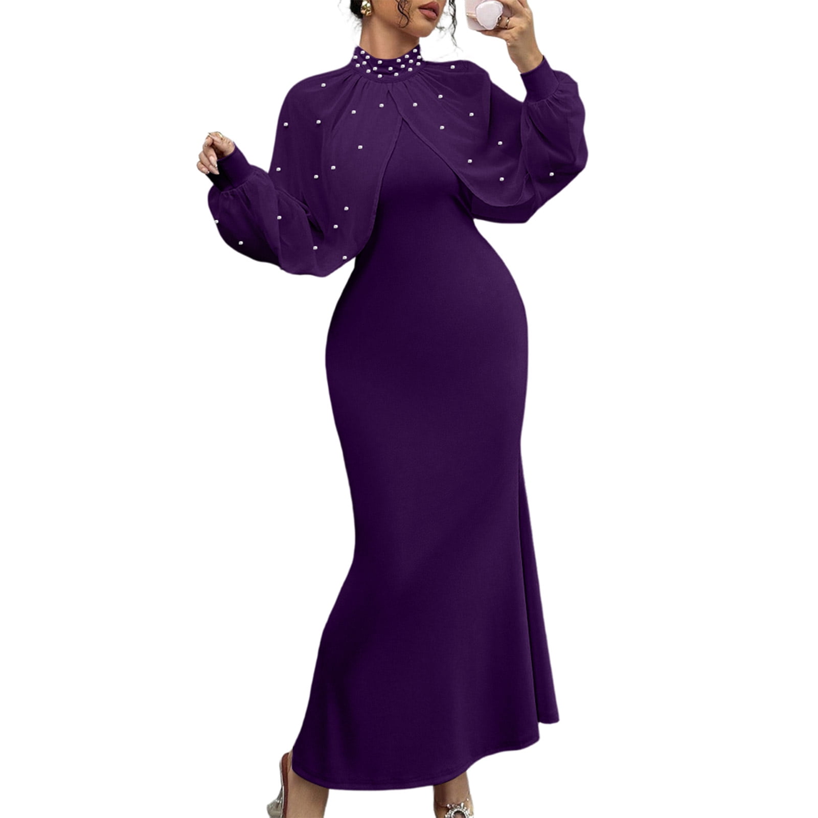 CIENVNSTG Women Long Dress Embroidered Stand Collar Stretch Slim Maxi ...