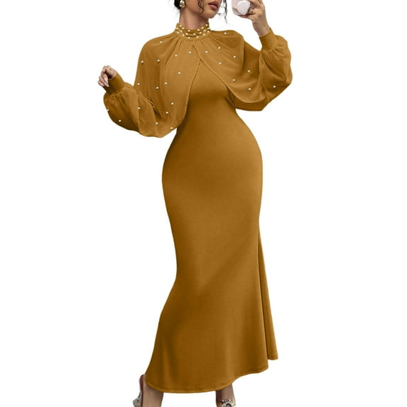 CIENVNSTG Women Long Dress Embroidered Stand Collar Stretch Slim Maxi ...