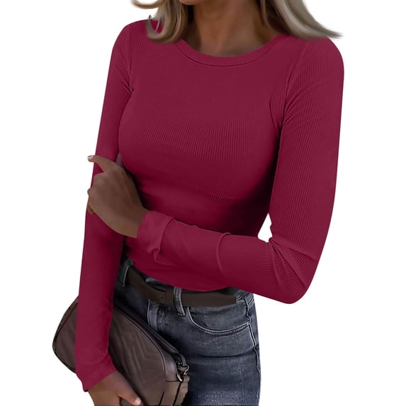 CIENVNSTG Women Long Sleeve Shirts Crewneck Rib Knit Slim Fit Tops ...
