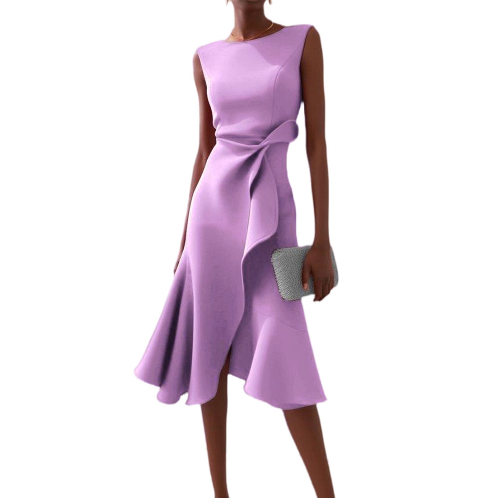 CIENVNSTG Women Sleeveless Solid Color Round Neck Midi Dress Elegant ...