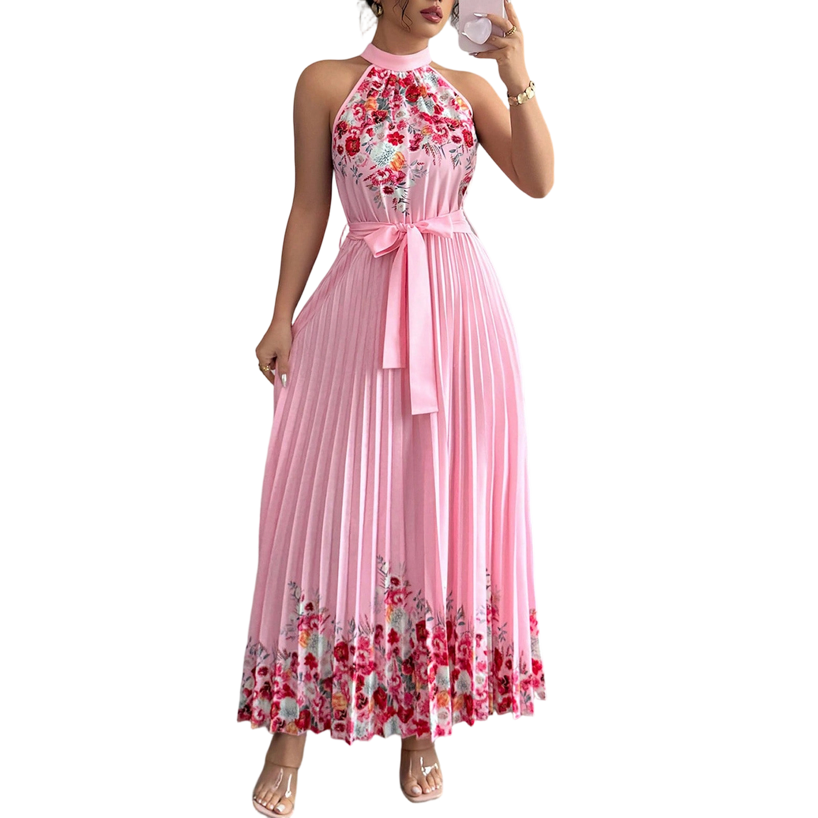 CIENVNSTG Women's Casual Loose Halter Pleated Maxi Dress Fashion Leaf ...