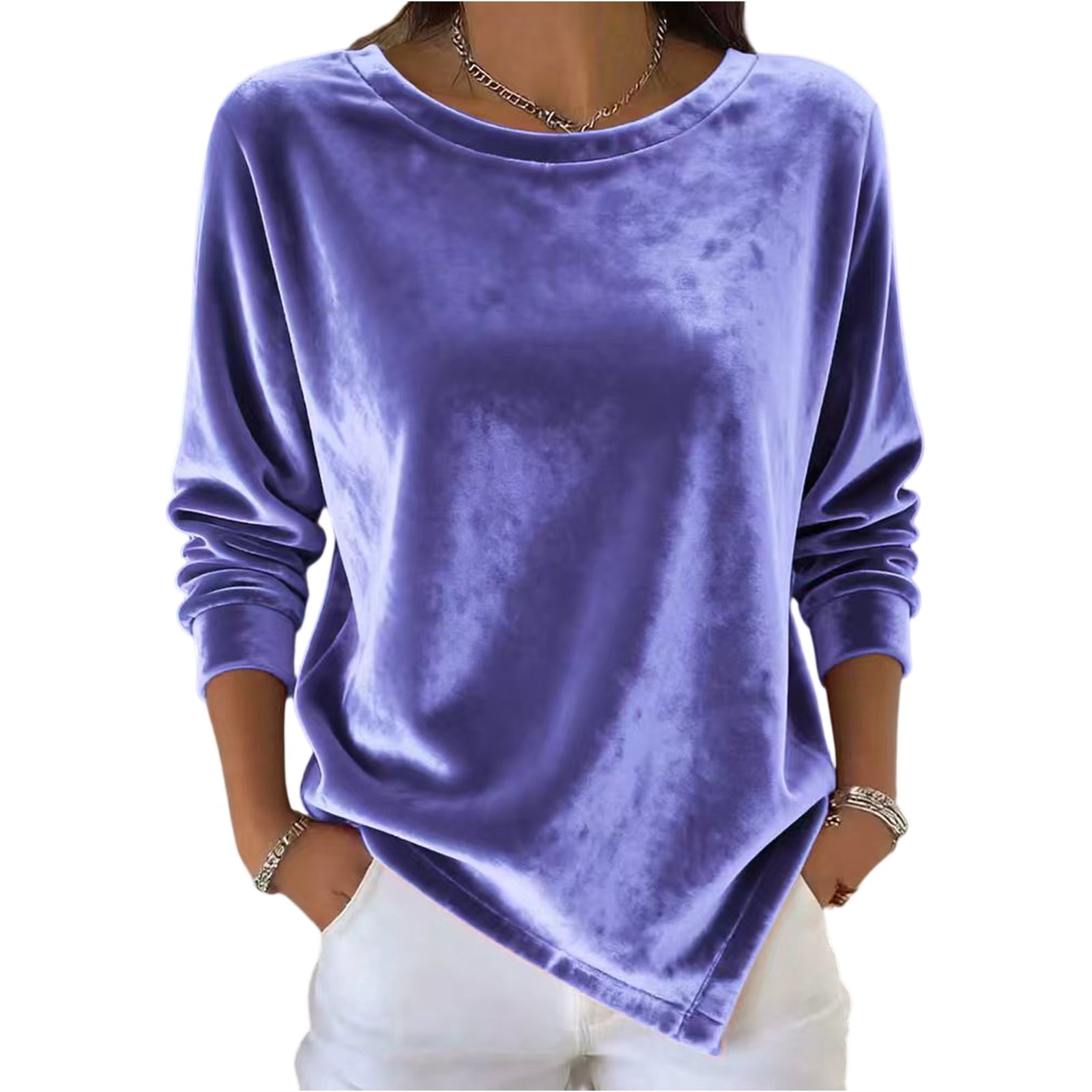 CIENVNSTG Women's Crew Neck Velvet Blouse Long Sleeve Loose Fit Solid ...