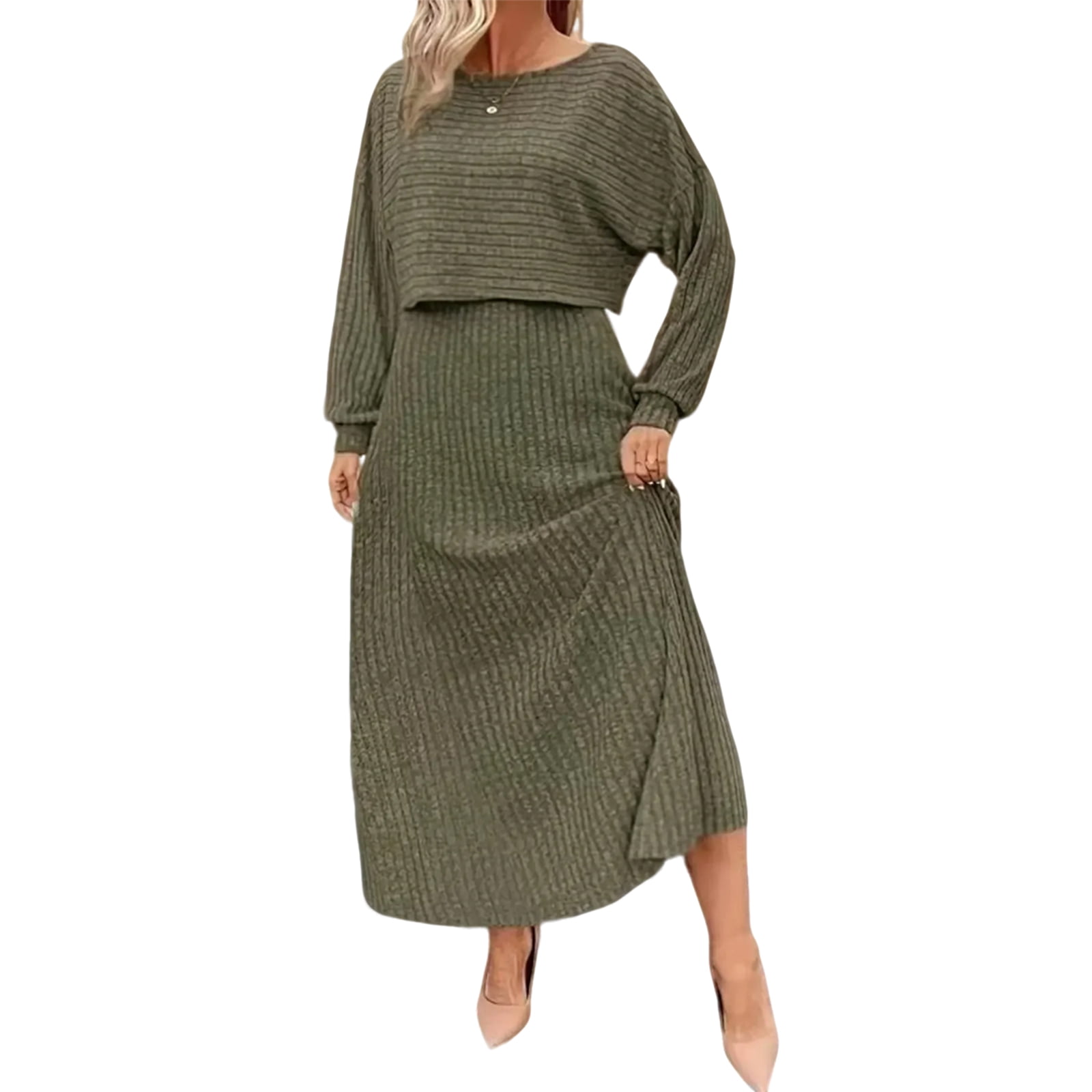 CIENVNSTG Women's Long Sleeve Dresses 2 Piece Outfits Sets Ribbed Knit ...