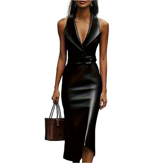 CIENVNSTG Women's Pu Leather Temperament Dresses Hip Bodycon Slit Dress ...