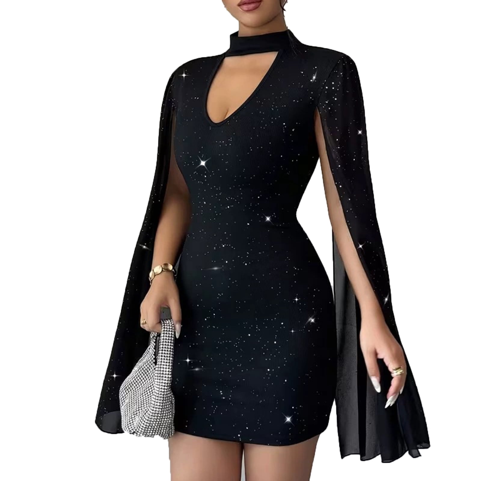 CIENVNSTG Women's Sexy Glitter Mini Dress Mock Neck Cloak Sleeve ...