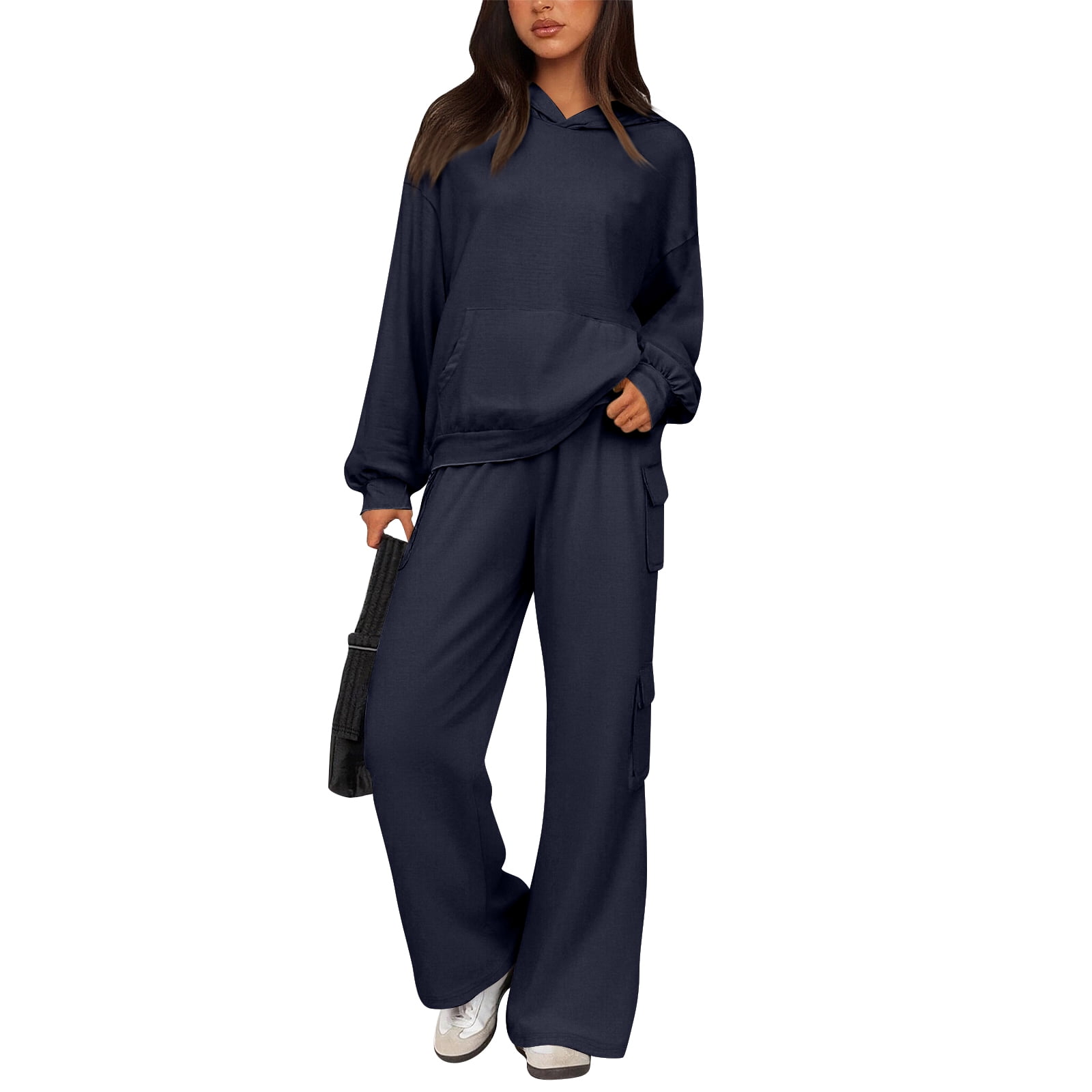 CIENVNSTG Womens 2 Piece Outfits Solid Color Lounge Hoodie Sweatsuits ...