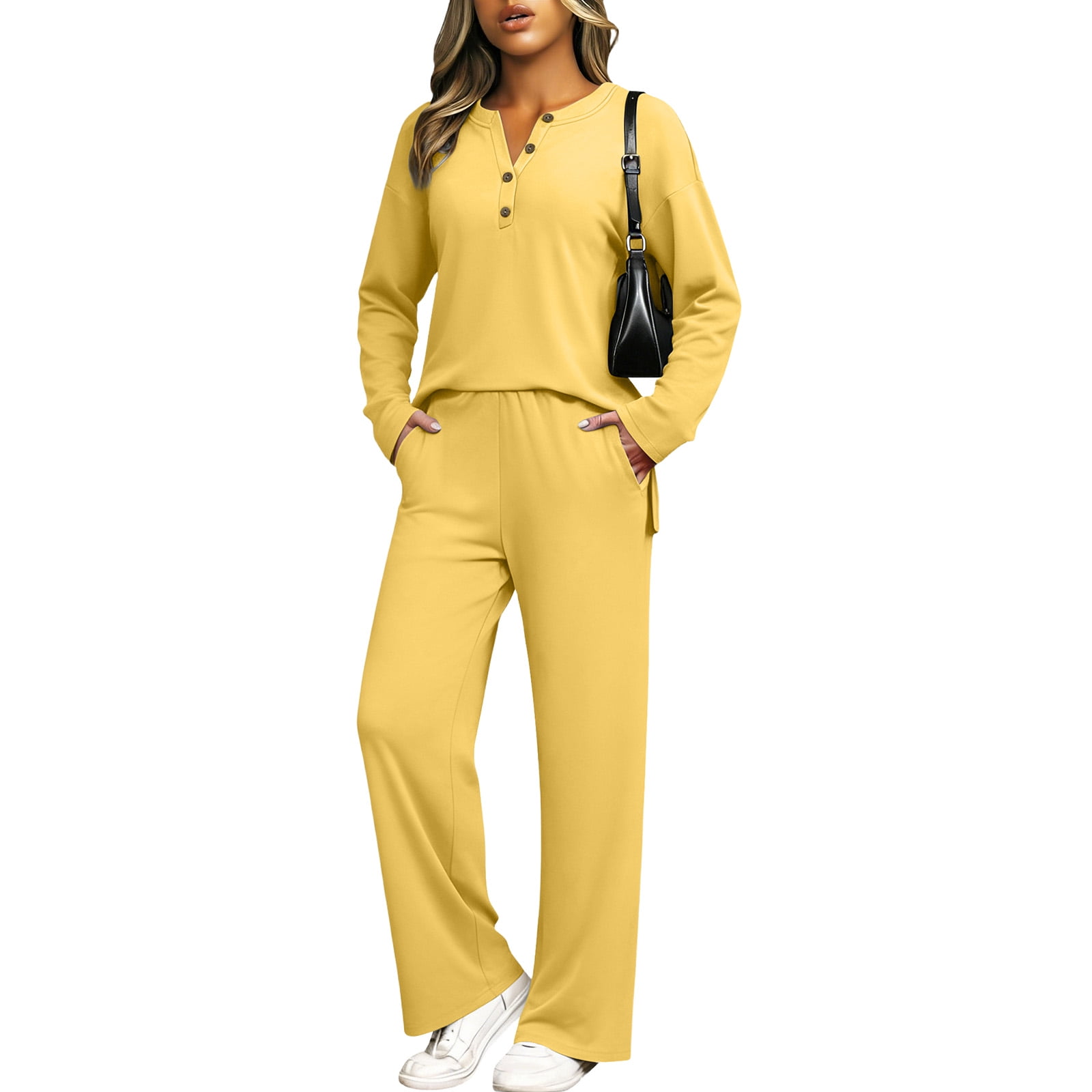 CIENVNSTG Womens 2 Piece Sets V-neck Button Long Sleeve Lounge Matching ...