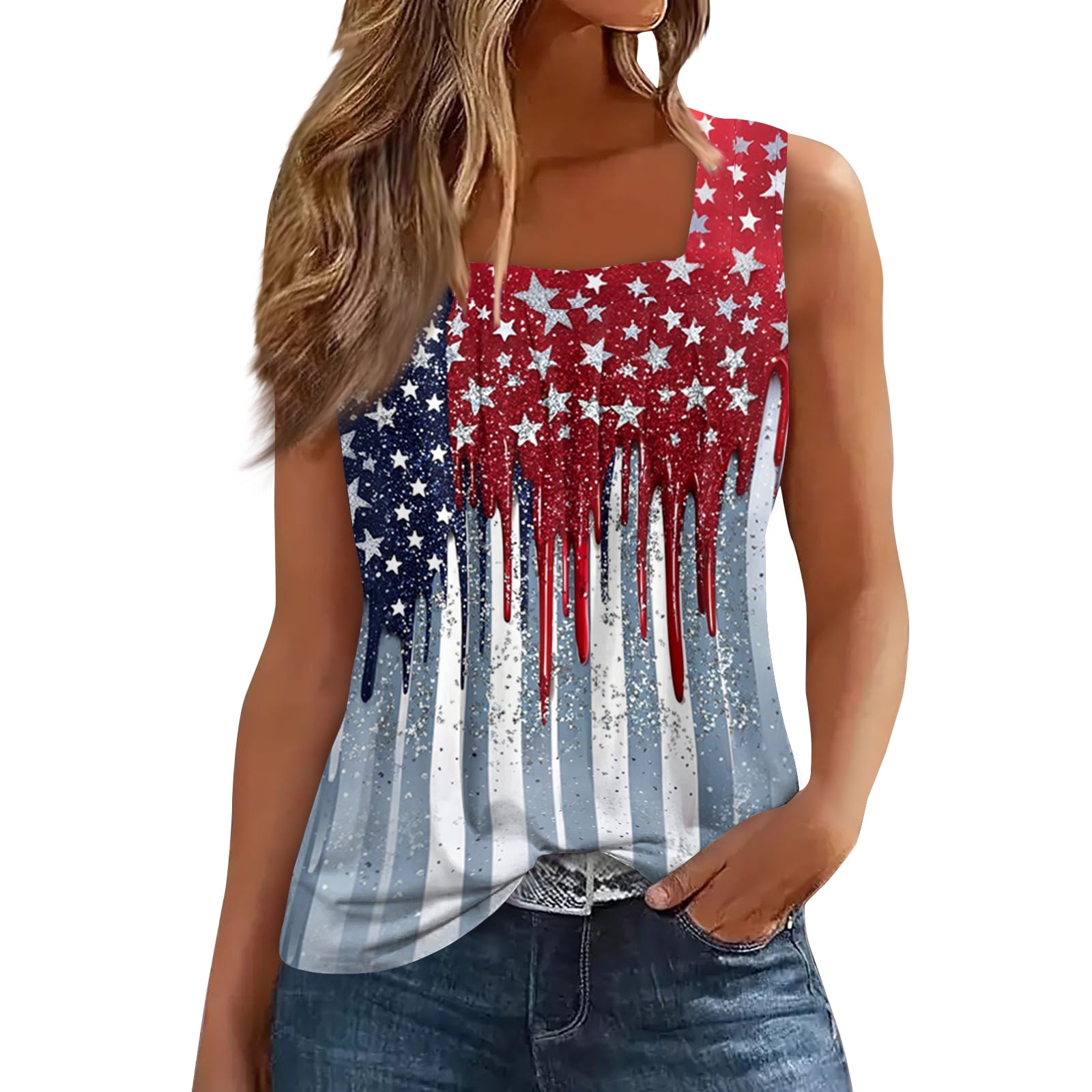CIENVNSTG Womens 4th of July Independence Day Tank Tops Square Neck ...