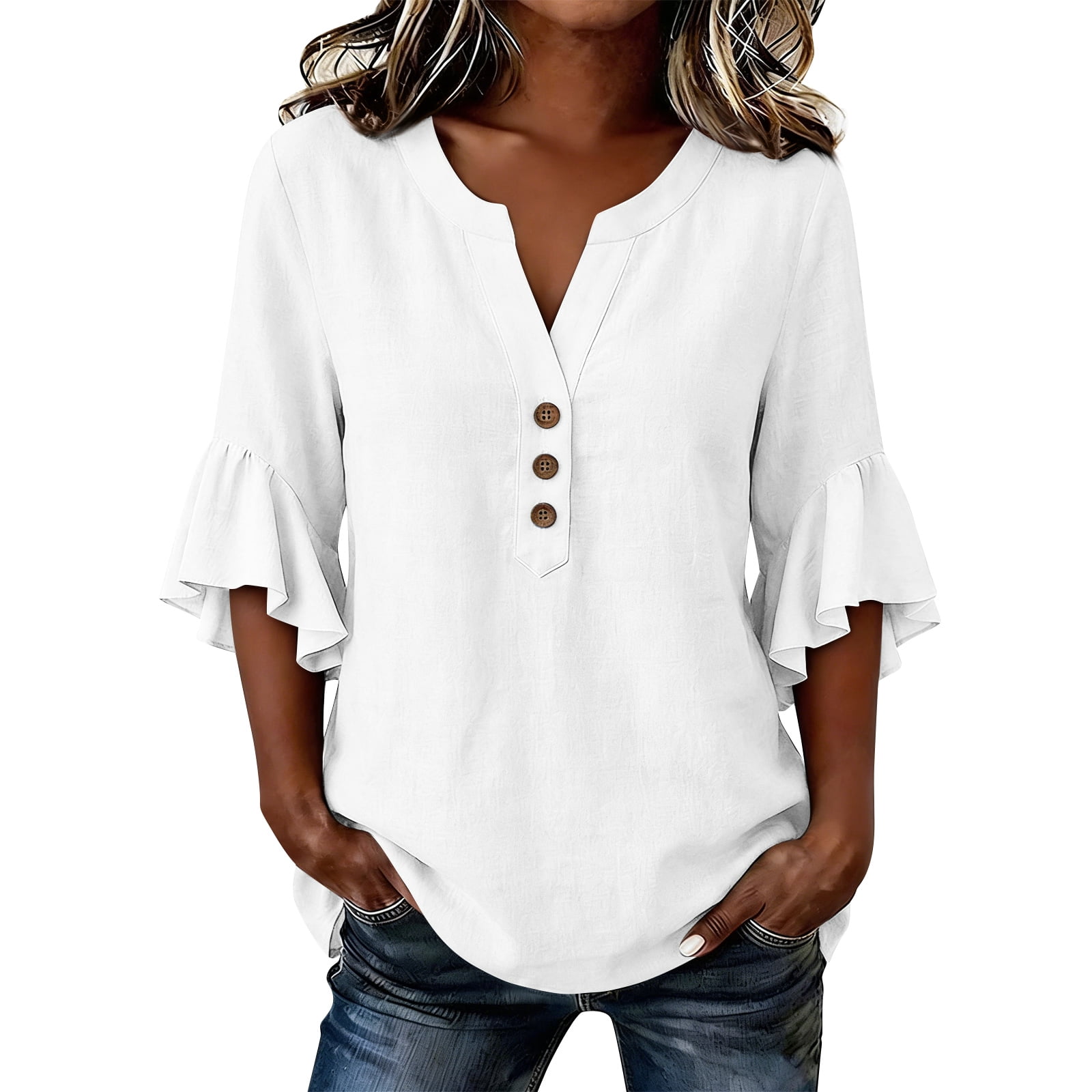 CIENVNSTG Womens Casual Cotton Linen Shirts with Ruffle Flutter Short ...