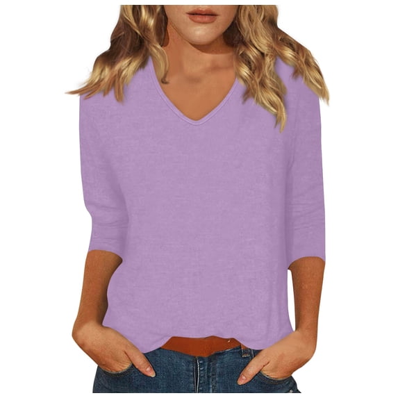 CIENVNSTG Womens Casual Dressy Basic Blouse V‑Neck Three Quarter Sleeve ...