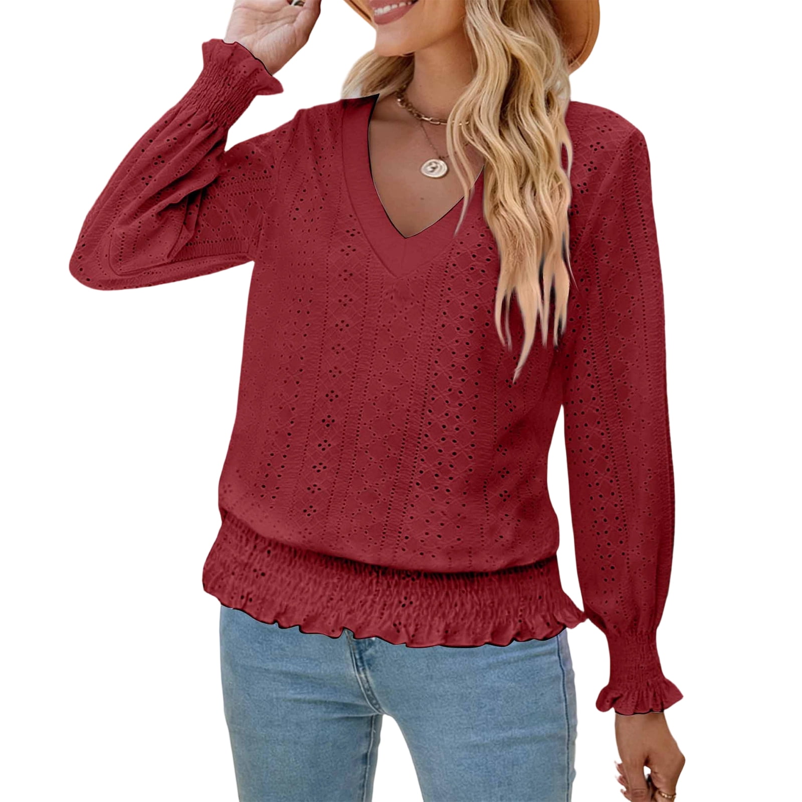 CIENVNSTG Womens Casual Loose Blouse Long Sleeve Eyelet V Neck Smocked ...