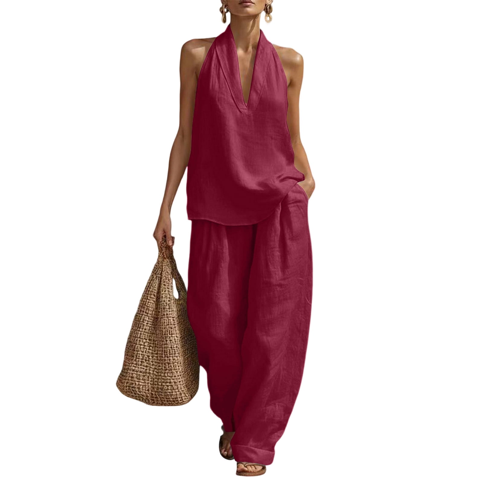 CIENVNSTG Womens Cotton Linen 2‑Piece Set Sleeveless V‑Neck Halter Top ...